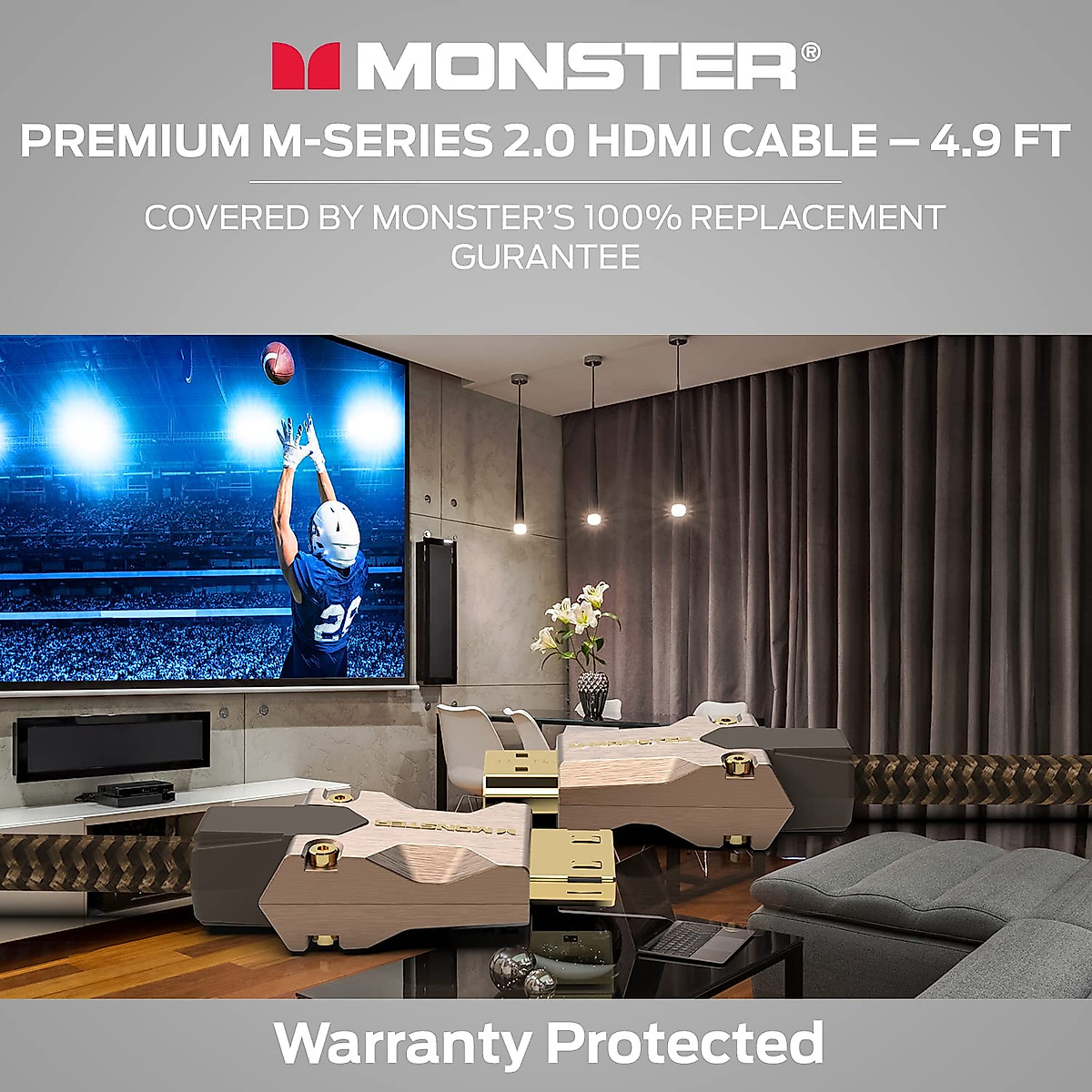 Monster M-Series Certified Premium HDMI Cable 2.0, Features 4K Ultra HD at 60Hz Refresh Rate, Duraflex Jacket, and Triple Layer Shielding, 25 Gbps - 4.9 ft