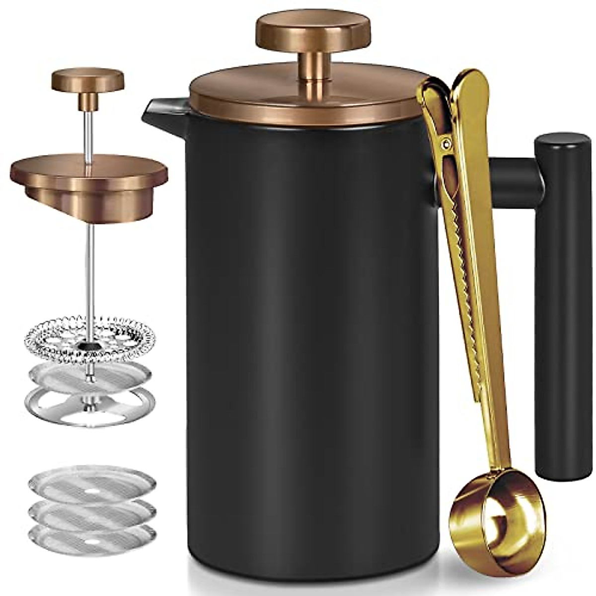 WORBIC French Press, 12oz French Press Double-Wall Insulated French Press Coffee Maker, French Press Stainless Steel with 3 Level Filtration System and 3 Extra Filter Screens, for Home, Office Black