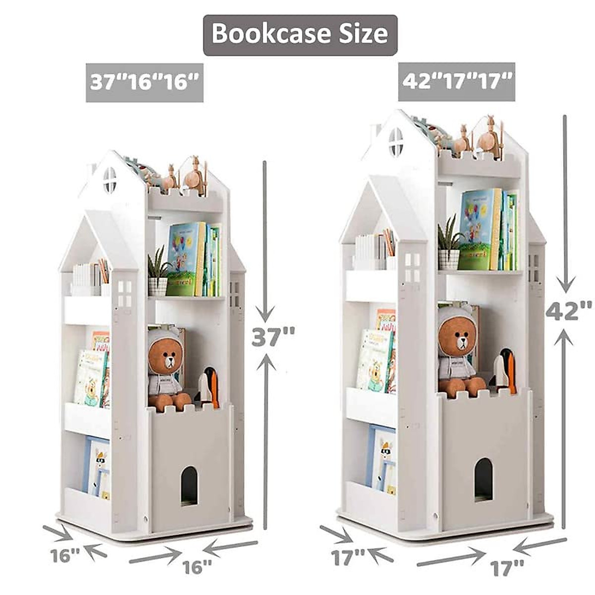 MOUDAO Kids Bookshelf 360° Castle White Rotating Bookshelf Toy Storage Organizer Rack Revolving Corner Bookshelf for Kids Toddler Children Home Office Furniture Bookcase