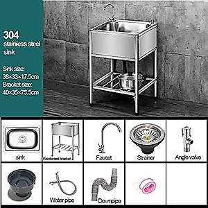 Commercial Sink Kitchen Wash Basin Stainless Steel 1 Compartment with Faucet Hygienic Robust for Outdoor Indoor Garage Kitchen Laundry Single bowl Sinks, 0.8mm Thick, 40×35×75.5cm