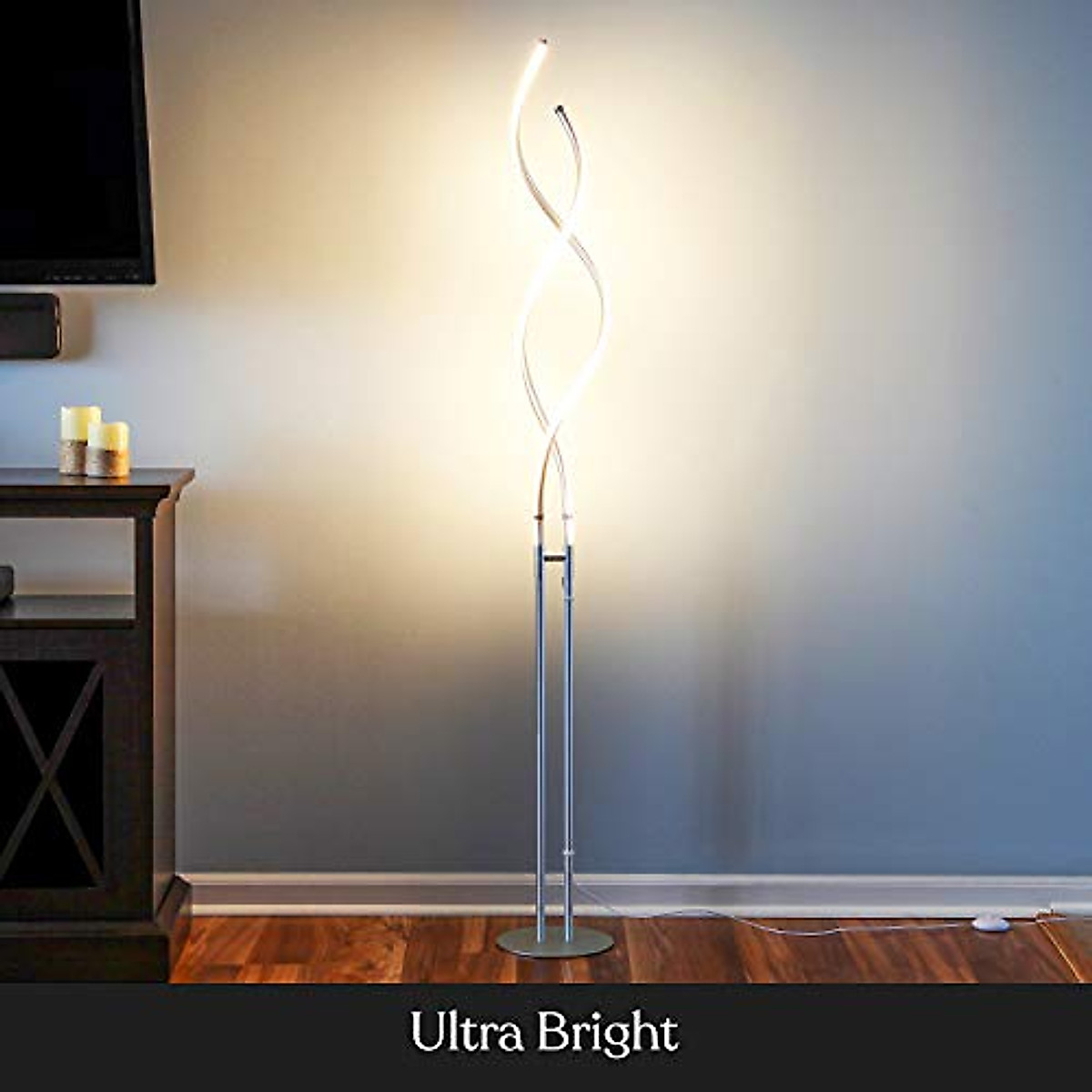 Brightech Embrace Dimmable LED Floor Lamp – Modern Spiral Adjustable Standing Lamp for Living Rooms & Offices – 2-in-1 Tall End Table Lamp for Bedroom Reading - Silver