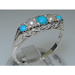 925 Sterling Silver Natural Turquoise and Cultured Pearl Womens Band Ring - Size 7.75