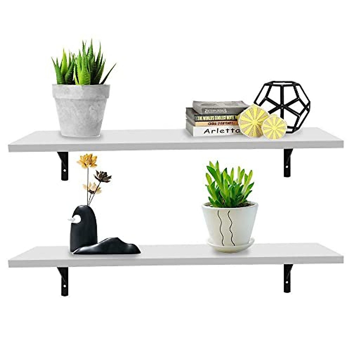 2pcs Indoor Wall Mounted Display Ledge Floating Organizer Shelves with Bracket Mikalo Floating-Shelves Bedroom Bathroom Storage Shelves, White (6359000)