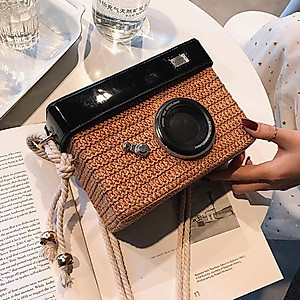 Womens Handbag Camera Purse Woven Handbag Straw Cross Body Bag Womens Shoulder Bags Womens Wallet Camera Shape Bag Mini Square Bag Straw Woven Bag Straw Bag Rattan Bag Beach Bag