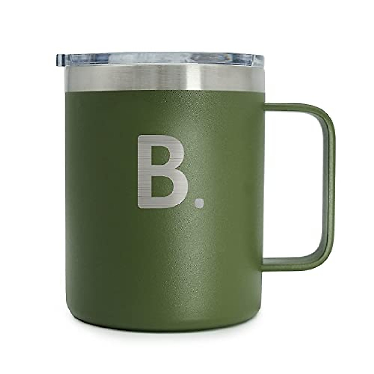 nomadwood Vacuum Insulated Stainless Steel Mug, Double Wall Tumbler with Handle and Lid, Custom Initial Letter Camp Cup (ArmyGreen, B)
