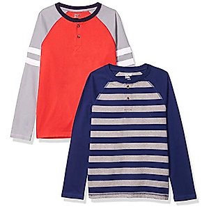 Amazon Essentials Boys' Long-Sleeve Henley T-Shirts (Previously Spotted Zebra), Pack of 2, Grey Stripe/Orange, Medium