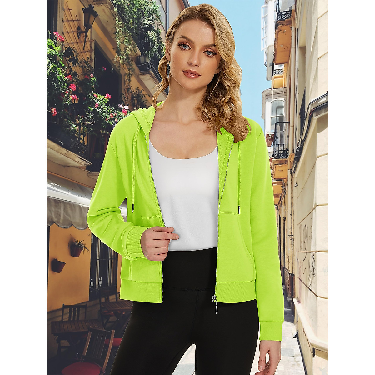 TACVASEN Women's Cropped Sweatshirts Lightweight Zipper Jackets Long Sleeve Tops, Yellow Green, M