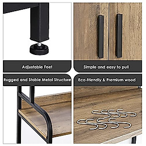 URKNO Kitchen Baker's Rack with Hutch and Storage Cabinet, 4-Tier Industrial Kitchen Microwave Oven Stand with 6 S-Hooks, Free Standing Kitchen Pantry Cabinets, Easy Assembly, Rustic Brown