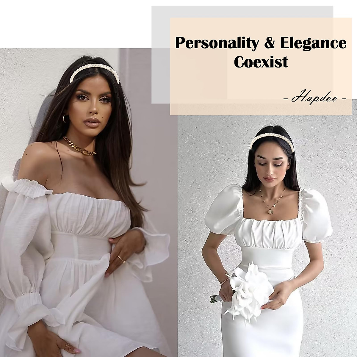 Hapdoo White Pearl Headbands for Women Girls, Cute Beads Headband with Faux Pearl for Wedding Bride, Fashion Beaded Bling Hairbands Hair Hoop Accessories for Birthday