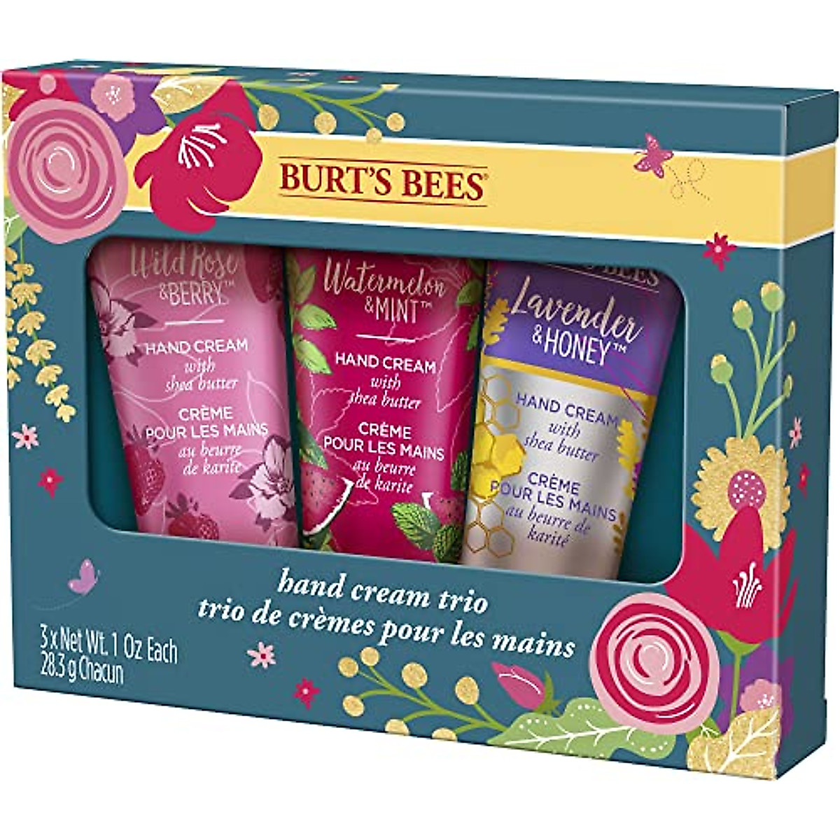 Burt's Bees Gifts, 3 Moisturizing Hand Creams with Shea Butter, Hand Cream Trio Spring Set - Lavender and Honey, Wild Rose and Berry & Watermelon and Mint