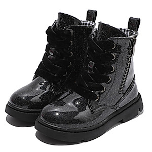 DADAWEN Boys Girls Glitter Ankle Boots Lace Up Waterproof Combat Shoes With Side Zipper for Toddler/Little Kid/Big Kid Black Glitter US Size 2 M Little Kid
