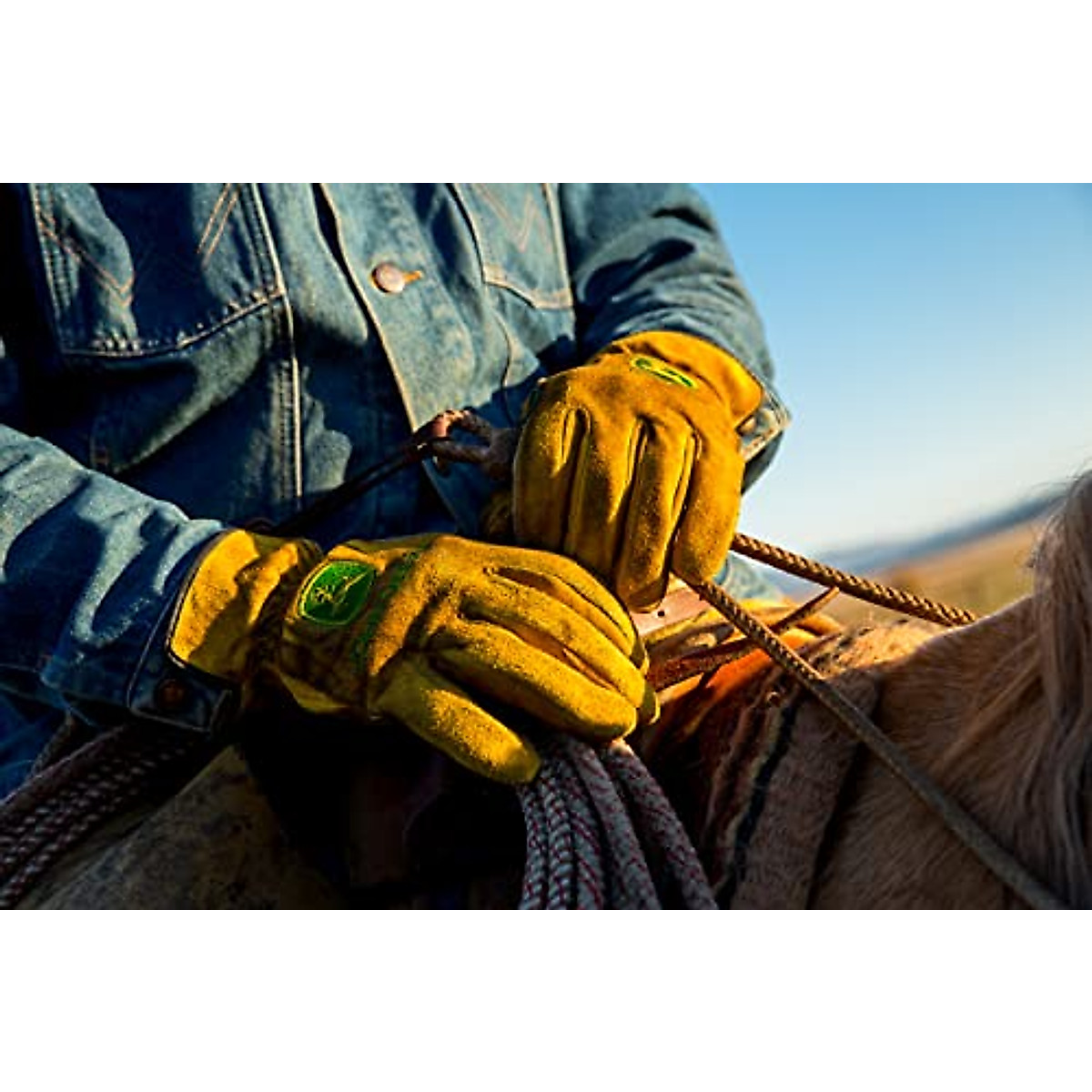 John Deere JD00004 Leather Gloves - Large Size Split Cowhide Work Gloves with Shirred Elastic Wrist. Hand Protection Wear,Gold