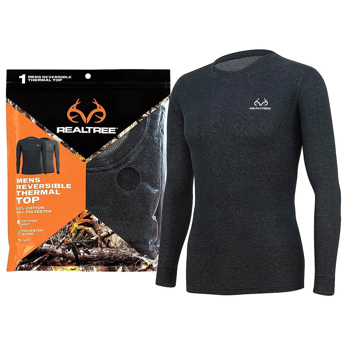 Realtree Reversible Mens Thermal Long Sleeve Shirt Hunting Gear- Base Layer Shirt for Men, Warm Waffle Knit Under Top Winter (US, Alpha, XX-Large, Regular, Regular, Black)