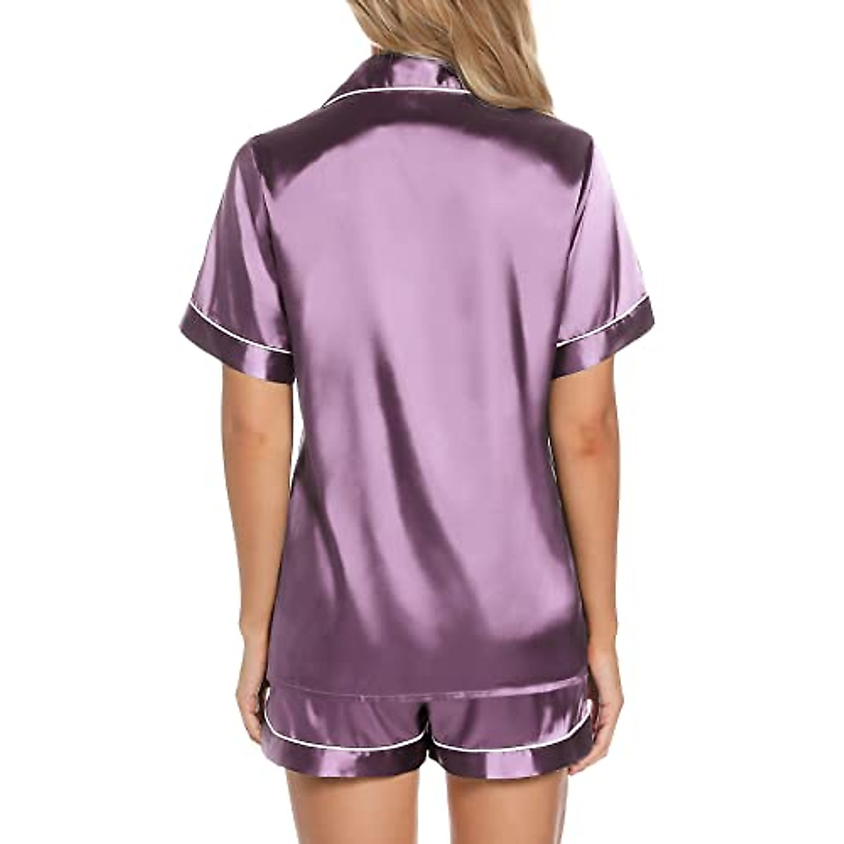 Women's Silk Satin Pajamas Set Short Sleeve Sleepwear Two Piece Button Down Pj Set with Pockets Violet