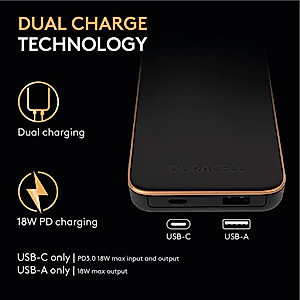 Duracell Charge 10 Portable Charger | 10,000mAh Power Bank | Fast Charging Battery Pack for iPhone, iPad, Android & More | TSA Carry-on Compliant Power bank | USB-C, USB-A | Recharges Devices Up to 3X