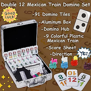 Smilejoy Double 12 Colorful Number Dot Dominoes, Mexican Train Domino Game Double Twelve Domino Set with Aluminum Case, 91 Tiles,(2-9 Players)
