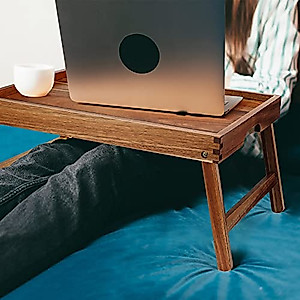 3 Pcs Acacia Bed Table Tray with Folding Legs and Handles Wooden Breakfast Tray Lap Snack Serving Tray Wood Laptop Desk for Eating Drawing Working Studying Dinner Bedroom Sofa Couch Kids Adults
