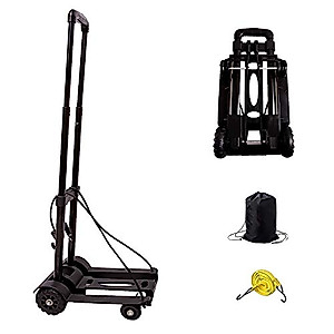 KINJOEK 40kg 88Lbs Folding Hand Truck Dolly, Foldable Luggage Cart for Luggage with 4 Wheels & Bungee Cord, Collapsible, Lightweight Compact Solid Construction Utility Cart for Travel, Black