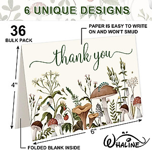 Whaline 36 Pack Vintage Mushroom Thank You Cards 6 Designs Plants Greeting Cards with Envelopes Stickers Retro Blank Note Cards for Party Invitation Supplies, 4 x 6 Inch