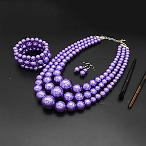 Big Pearl Necklace for Women Chunky Pearl Necklace and Earring Set Large Pearl Costume Necklace 1920s Pearl Necklace Faux Pearls Gatsby Accessories (Purple Pearl Necklace set)
