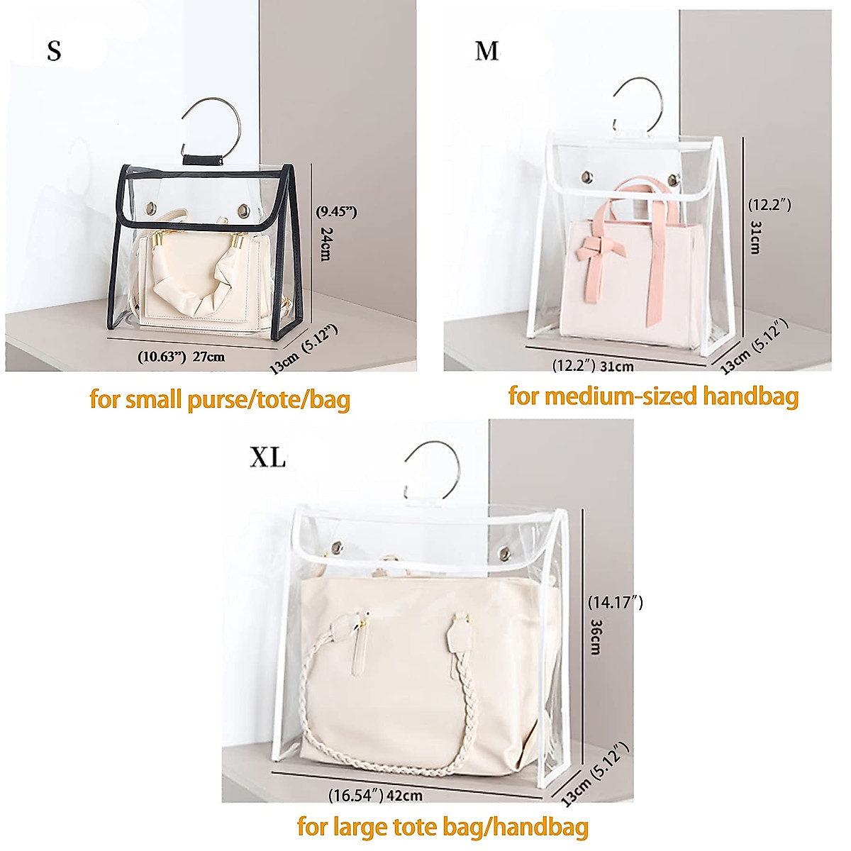 Holgosiu Handbag Dust Bag Clear Handbag Storage Transparent Handbag Organizer Clear Purse Storage Organizer Anti-dust Storage Bag for Closet PVC Handbag Dust Cover Clear Hanging Shelves, 3 Sizes