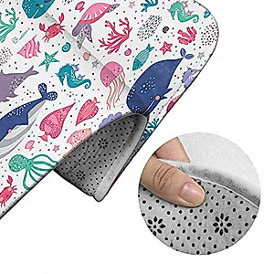 HGOD DESIGNS Sea Bath Mat Colorful Sea Life Cute Fish Jellyfish Starfish Octopus Seamless Pattern Bathroom 3 Piece Set Non-Slip Bathmat Antiskid Pad Doormat and Toilet Lid Cover Set