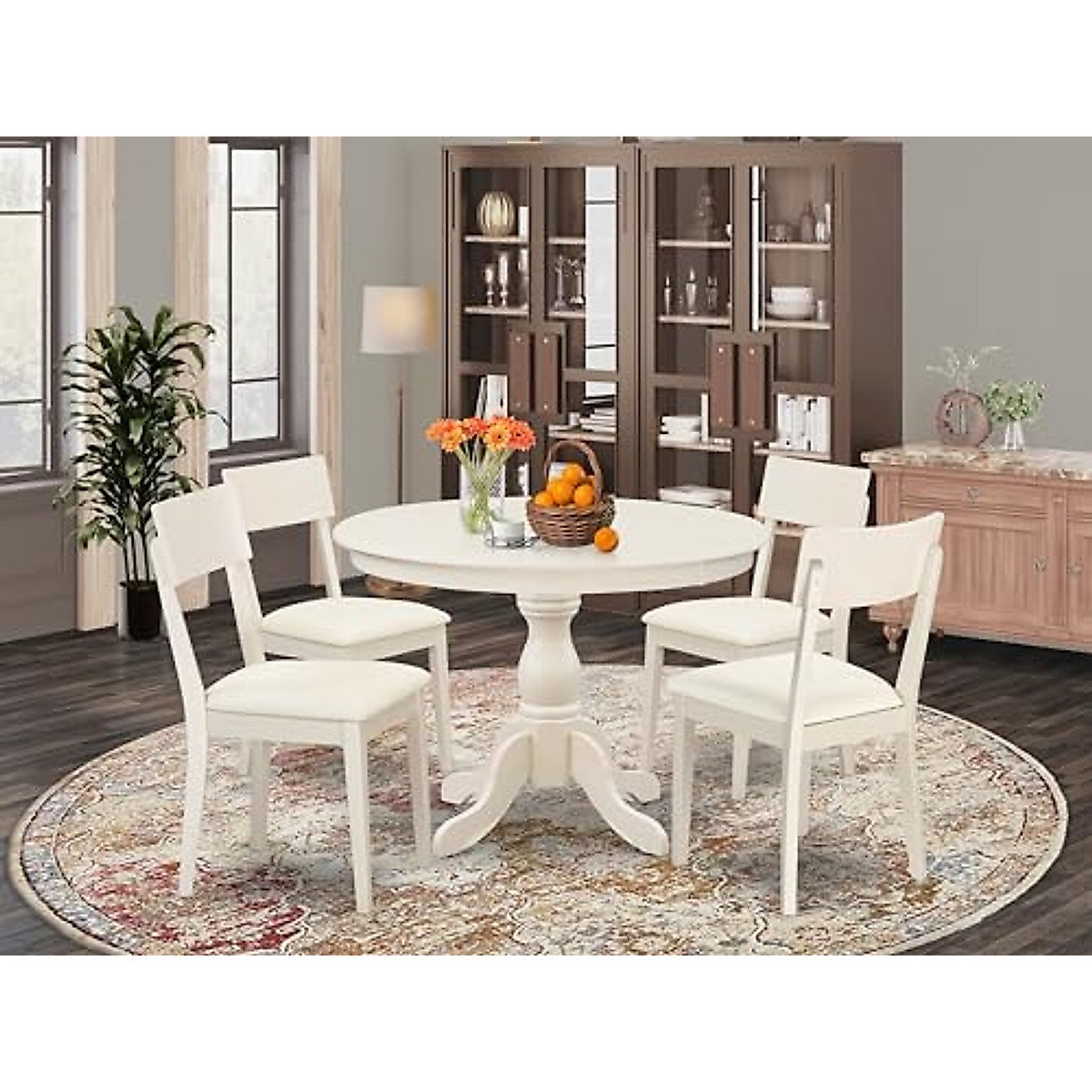 East West Furniture HBAD5-LWH-LC 5 Piece Dining Set Includes a Round Dining Room Table with Pedestal and 4 Faux Leather Upholstered Chairs, 42x42 Inch, Linen White