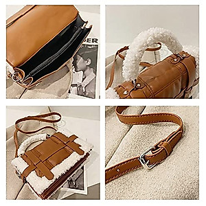 Winter Faux Fur Trim Shoulder Bag Women PU Leather Tote Bag Solid Color Tote Handbag Crossbody Bag for Women