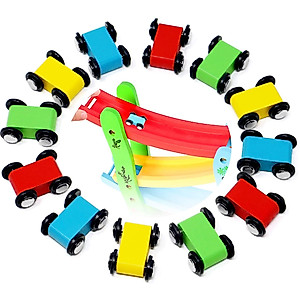 Lewo 12 Pack Mini Wooden Race Replacement Cars for Ramp Toy Toddlers Race Car Racer Set