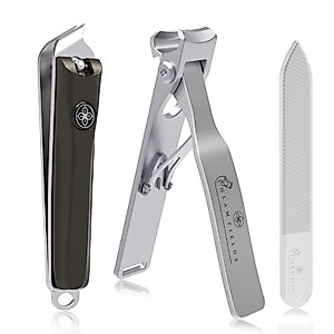 3pcs Nail Clippers Set, GLAMFIELDS Extra long Slanted Edge Fingernail Clipper Leather Case Packed Good Gift, 17mm Ultra Wide Jaw Opening Nail Cutter Toenail Clippers for Men Women Seniors Thick Nails