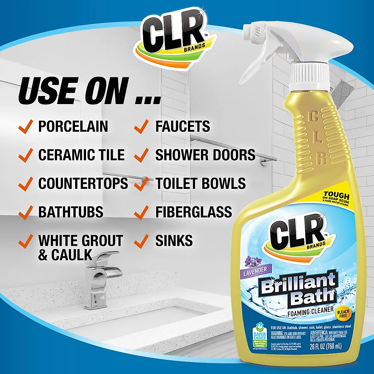 CLR Brilliant Bath Foaming Action Bathroom Cleaner Spray - For Use on Toilets, Baths, Showers, Sinks, Glass, Stainless Steel - Lavender Scent, 26 Ounce Bottle (Pack of 2)