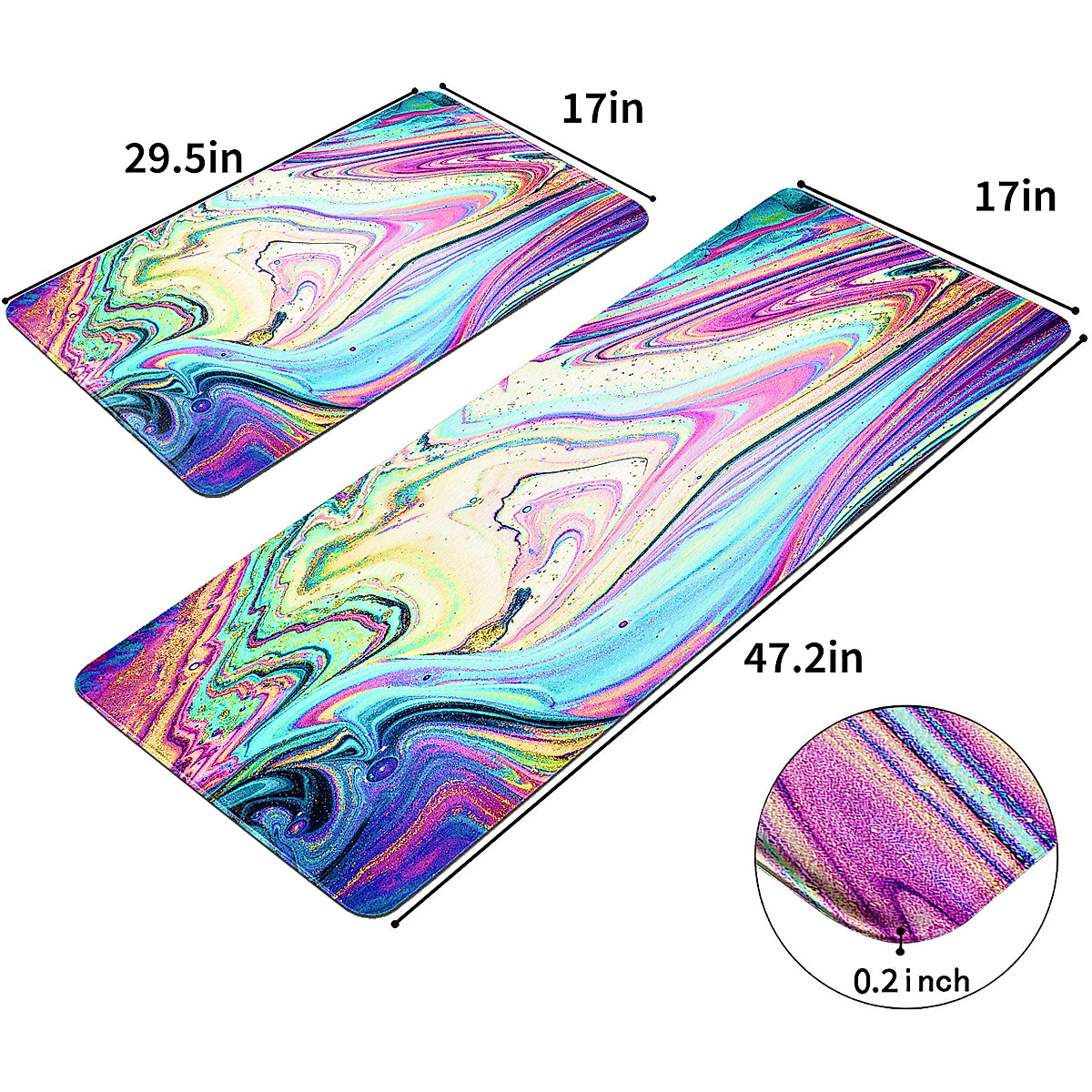 Rainbow Colors Kitchen Rugs Mats Set of 2 Iridescent Marble Art Anti-Fatigue Cushioned Kitchen Floor Mat Non-Slip Backing Washable Kitchen Rugs Set Office Laundry (Rainbow, 17"x29.5"+17"x47")