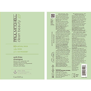 Paul Mitchell Clean Beauty Anti-Frizz Shampoo, Smoothes Hair, Calms Frizz, For Textured, Frizz-Prone Hair, 33.8 fl. oz.