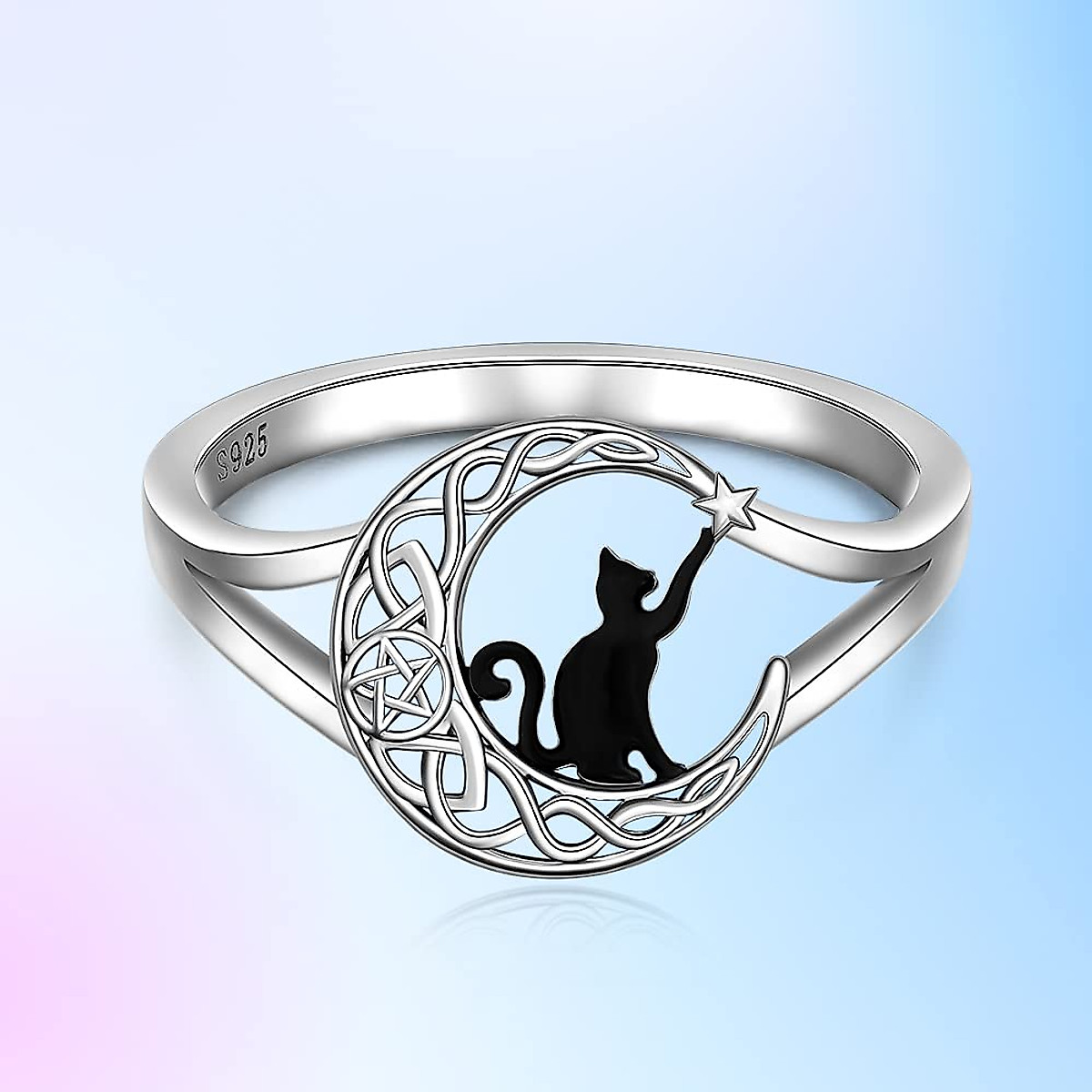 Celtic Knot Cat Ring Thumb Black Matching Cat Sterling Silver Rings for Women Animal Pentagram Pentacle Halloween Cats Lover Gifts Size 10