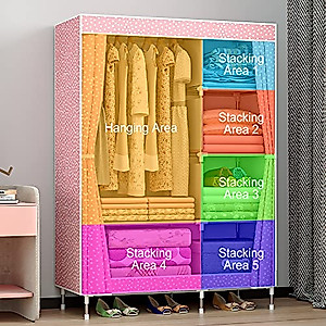 QLFJ-FurDec Portable Wardrobe Closet, Clothes Storage Organizer Rack Shelves with Hanging Rods, Non-Woven Fabric Cover Standing Closet for Hanging Clothes, Stable and Easy Assembly, Pink Dot Style