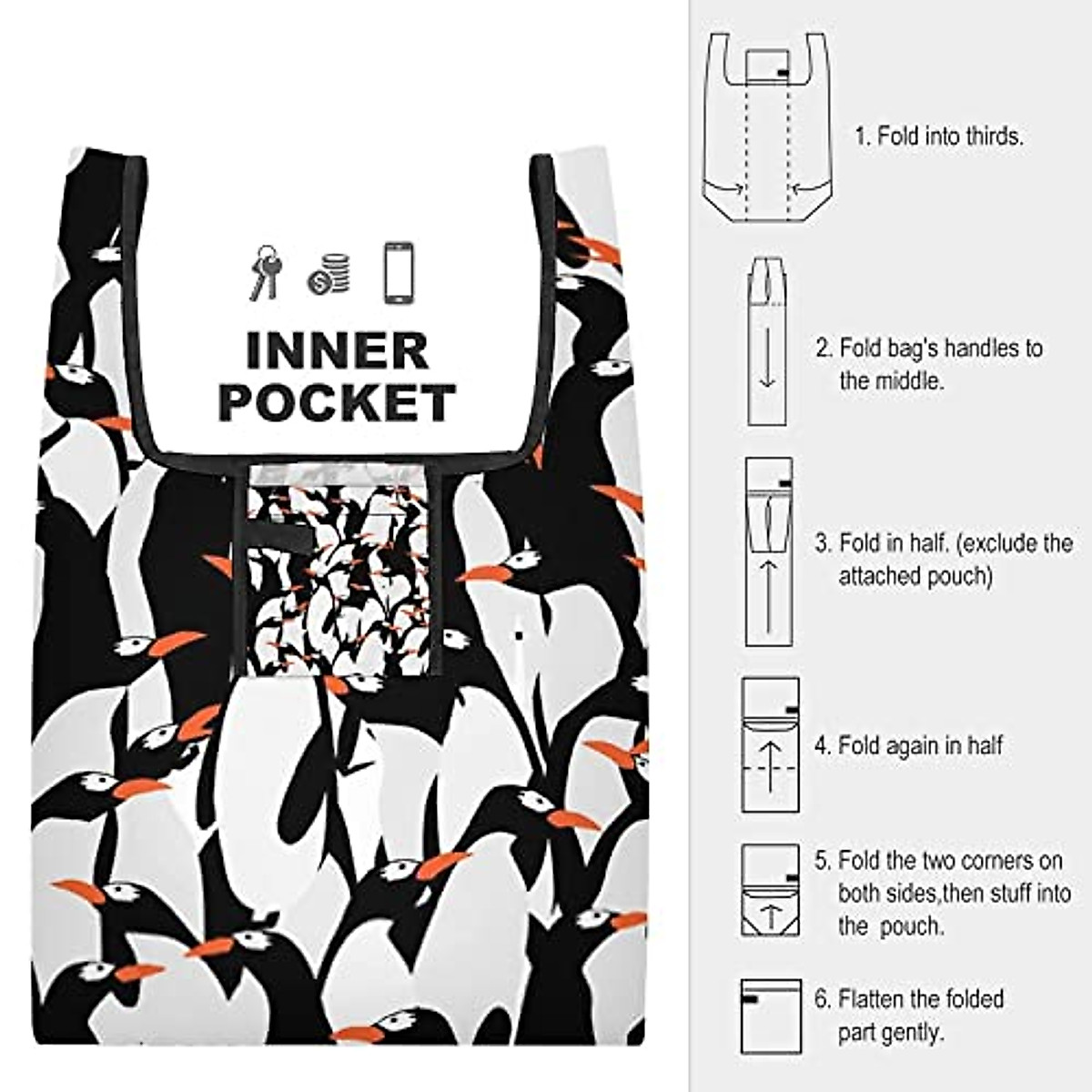 Penguins Pattern Printed Reusable Grocery Bag with Handle Foldable Shopping Tote Bags Portable for Supermarket Camping