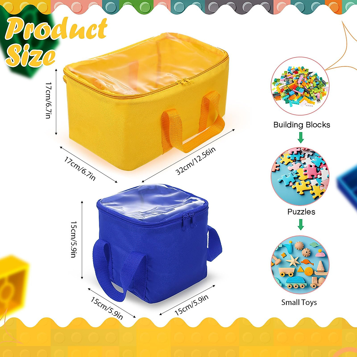 Locmeo 3 Packs Toy Storage Bags with Zipper and Clear PVC Window, Reusable Oxford Fabric Organizing Bags, Toy Bags for Kids Toys Building Blocks and Board Games Storage(Red Yellow Blue)