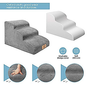 Topmart 3 Tiers Foam Dog Ramps/Steps,Non-Slip Dog Steps,Extra Wide Deep Dog Stairs,High Density Foam Pet Stairs/Ladder,Best for Older Dogs,Cats,Small Pets,with Pet Hair Remover Roller,Grey