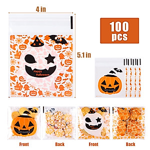 100pcs Halloween Cellophane Treat Bags Goodie Bags Self Adhesive Candy Bags Self Sealing Clear Cellophane Bags Trick or Treat Bags Bulk (Orange White)