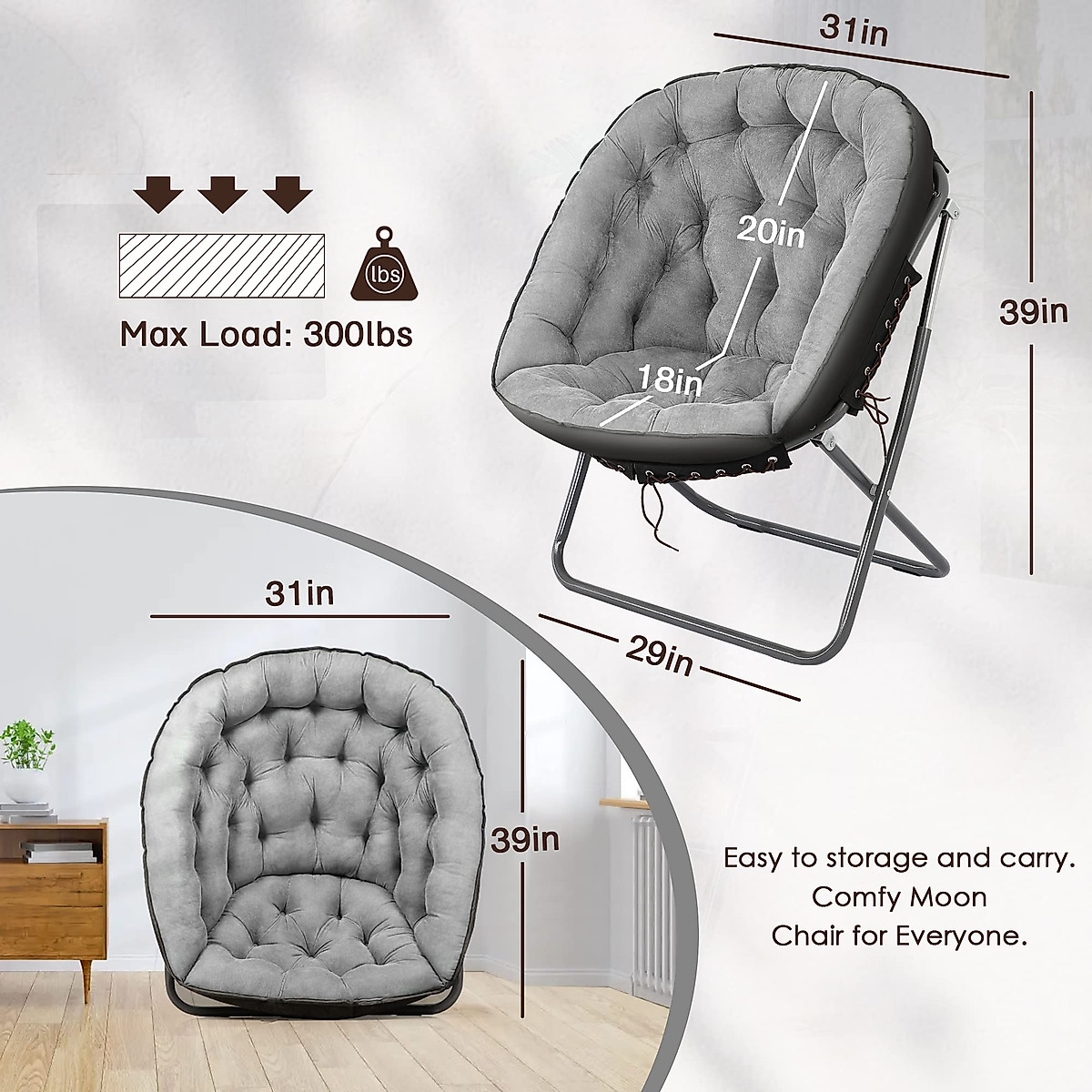 iw I WISH Saucer Chair for Adults,Folding Saucer Chair,Oversized Saucer Chair,Comfy Foldable Chair for Bedroom,Moon Chair，300 lbs (Grey)