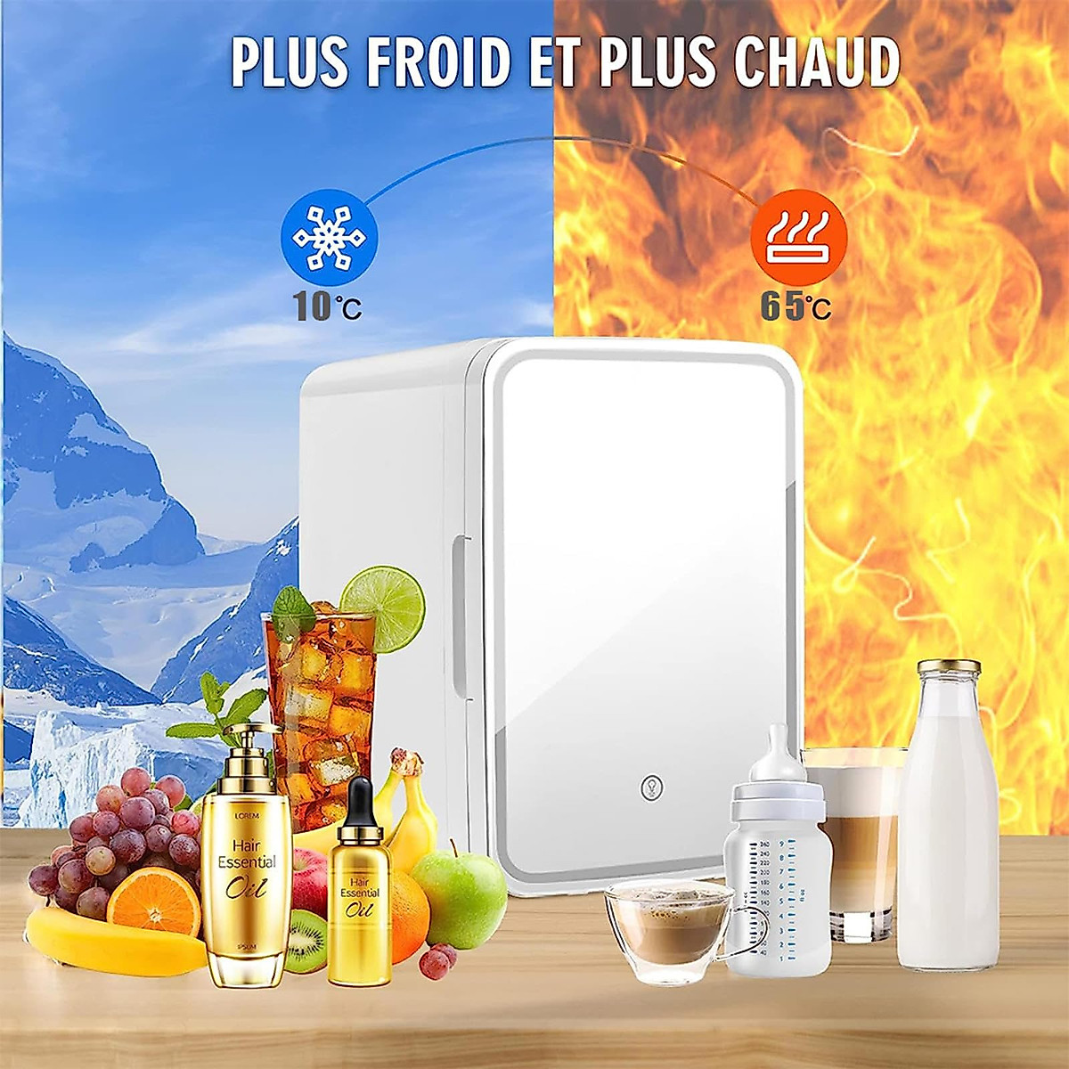 Skincare Fridge With Mirror, With Led Mirror, 8L Capacity Skin Care Mini Fridge, Hot And Cold, Car And Home Dual Use Desktop Mini Fridge, Best Gift For Women,White