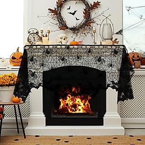 5 Pack Halloween Decorations Set Black Lace Tablecloth Round Cobweb Table Cover Fireplace Scarf Runner Lampshade with 36pcs 3D Bats for Halloween Decor Indoor Party Supplies (Halloween, One Size)