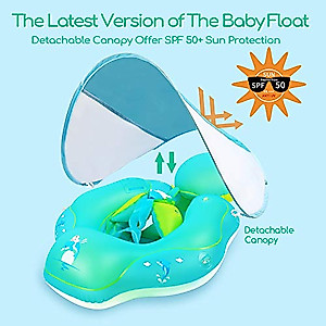 Relaxing Baby-Pool Float with Adjustable Seat Pocket with Canopy of UPF 50+UV Protection Anti-Slip Crotch, Add Tail Chamber Baby Floats for Pool Accessory Air Pump and 2 Pool Toys for Toddler 6M-3Yrs