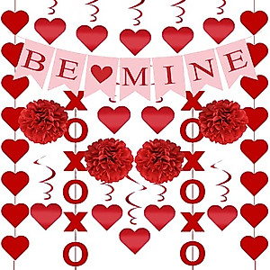 21Pcs Valentines Day Decorations Set Pre-Assembled Hanging Heart Swirls BE Mine Love Heart XO Garlands Banner for Home Classroom Office Wedding Party