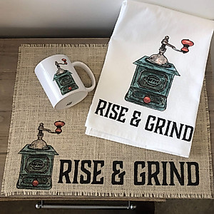 Rise and Grind Premium Tea Towel - Vintage Coffee Grinder, XL Flour Sack Tea Towel, dish towel, Coffee themed gifts for the Coffee Station - Made in the USA