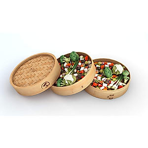 DEALZNDEALZ 3-Piece Bamboo Steamer Basket with Lid 10-inch 2-Tier, 50 Perforated Bamboo Steamer Liners with 2-Pairs of Bamboo Chopsticks