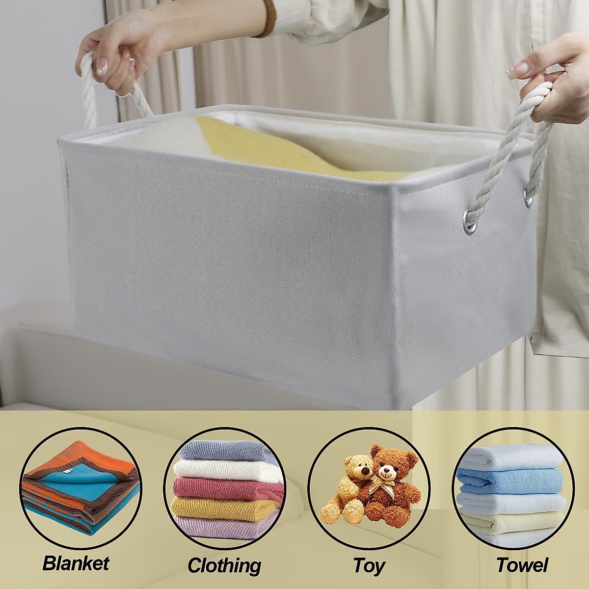 3PCS Foldable Storage Basket, Collapsible Basket Container Shelf Organizer Bin with Rope Handles, Large Storage Basket with Handles for Clothes, Toys, Books and Other Stuff Organizer