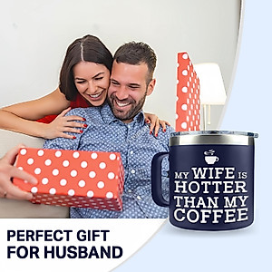 Hyturtle My Wife Is Hotter Than My Coffee Navy Mug/Tumbler 14oz Gift For Husband, Present Idea For Him From Wife - Fathers Day - Birthday Gift Ideas For Men - Christmas Gifts For Husband