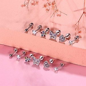 Jstyle 6 Pairs Hypoallergenic Screw Back Earrings for Women 316L Stainless Steel Stud Screwback Earrings Cute Tiny Pearl Heart Flower CZ Stud Earrings Set Multicolored Tone