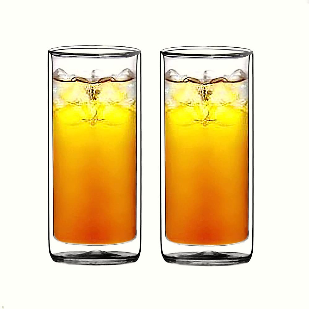 Sun's Tea Double Wall Insulated Glass Tumbler, 16oz (450ml) Highball Glass Cups for Beer, Lemonade, Iced Tea, Tropical Drink, Cocktail, Smoothie, Mojito and Mixed Drinks, Set of 2 - Collins Style